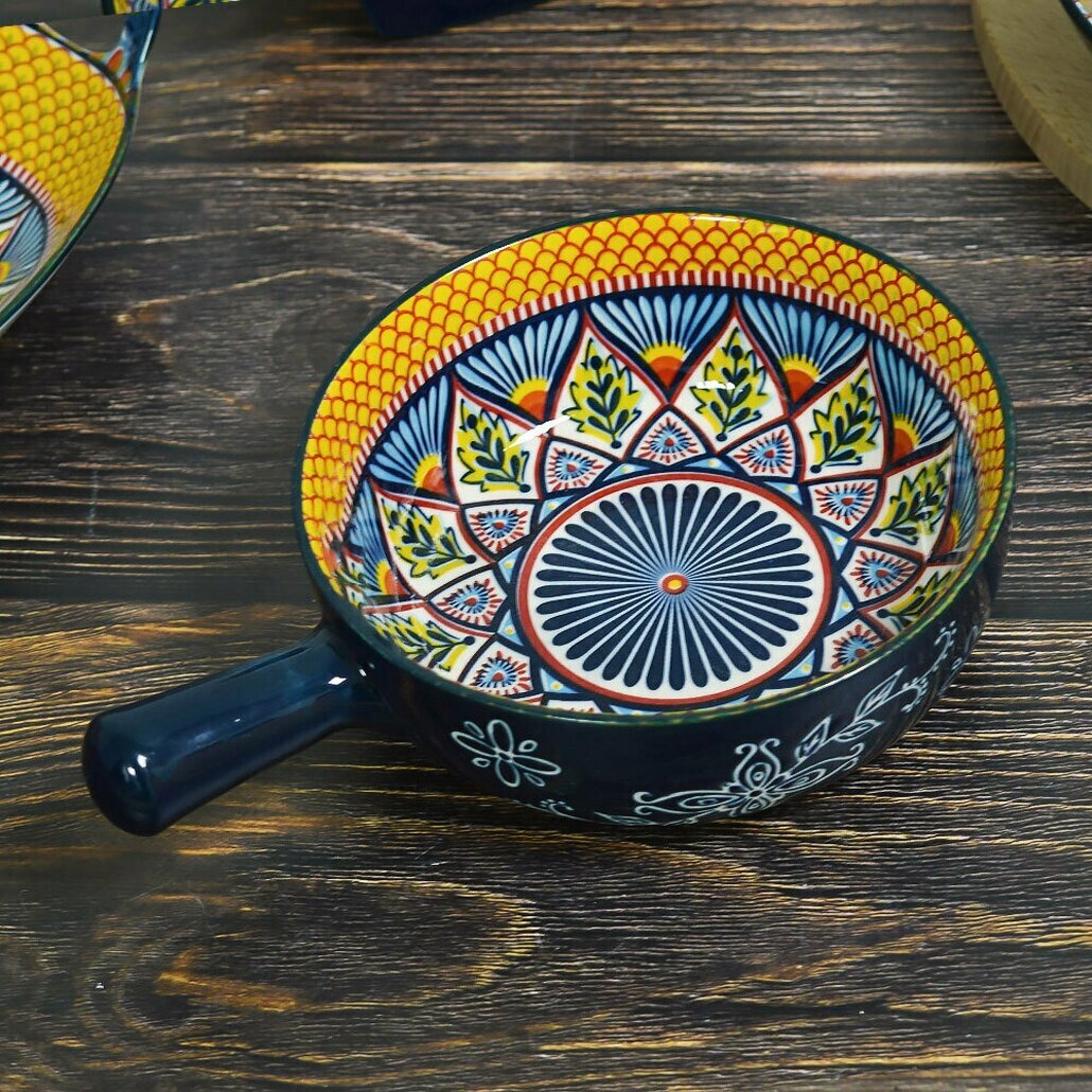 Кокотница керамическая с ручкой 'Arabesque' 15,5см, темно-синяя, для запекания