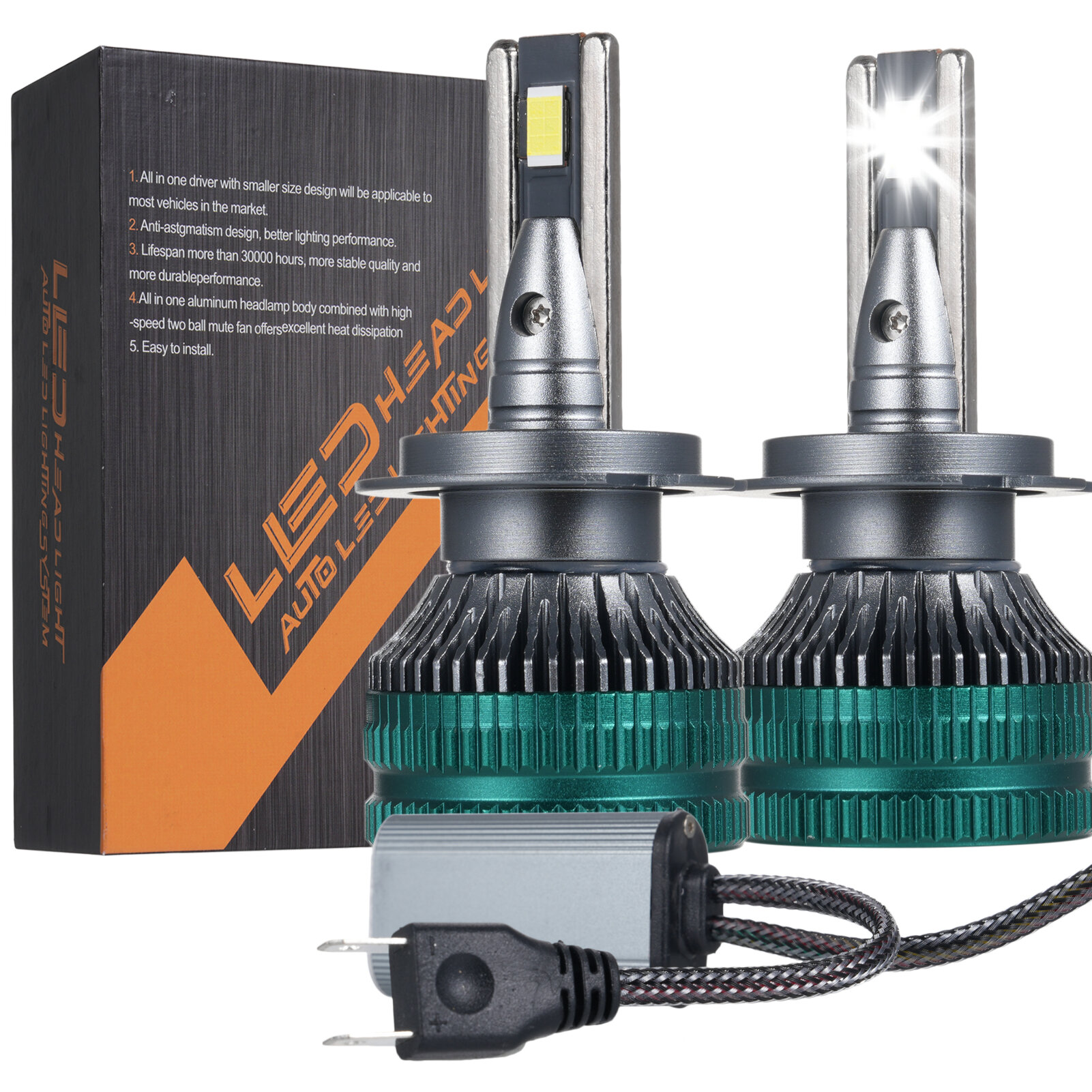 Набор для замены светодиодных автомобильных ламп H7, Набор автомобильных фаров, Водонепроницаемый, 12-24V, 6500K Белый свет, Двухжильные медные трубки, 2 штуки, Черный цвет, Размер 14.5*7см, 65W, 16000LM, IP68