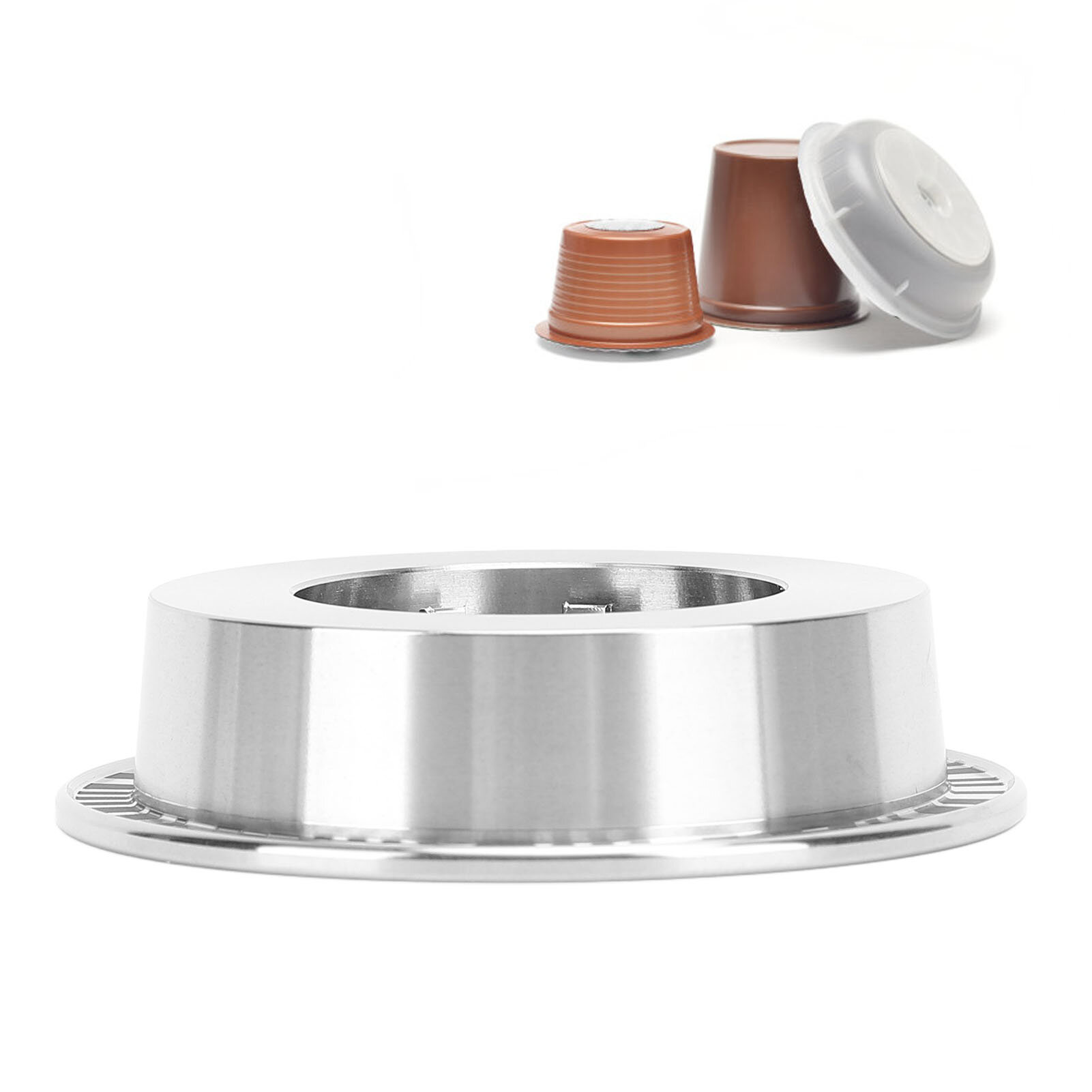 Адаптер для кофейных капсул из нержавеющей стали 304 и пластика, многоразовый, преобразователь больших в маленькие, держатель для кофемашины Vertuo, вес 100.00гр, комплект: 1 адаптер, 1 ложка, 1 щетка, 1 прокладка