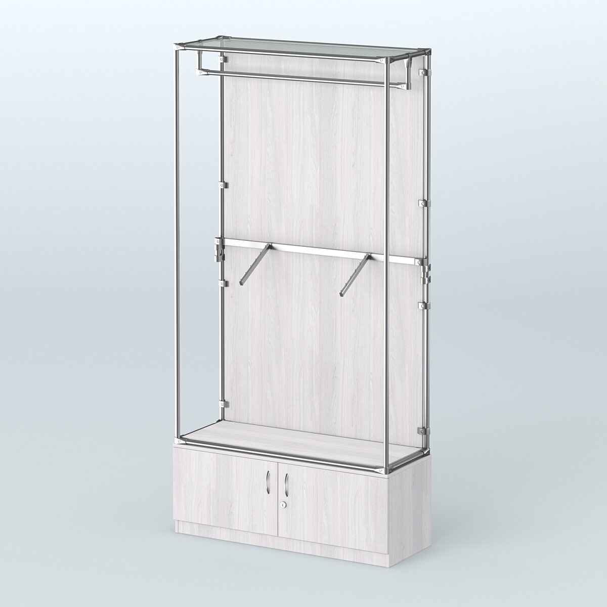 Торговая система хром (задняя стенка - ДСП) 1200 мм №2-4 с тумбой Т-21 и поручнями, Ясень Анкор светлый