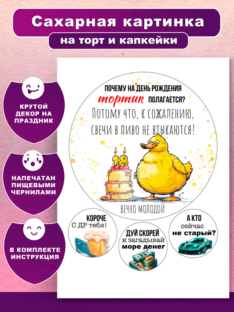 Сахарная картинка на торт "С днем рождения, Вечно молодой". Украшение и декор торта выпечки