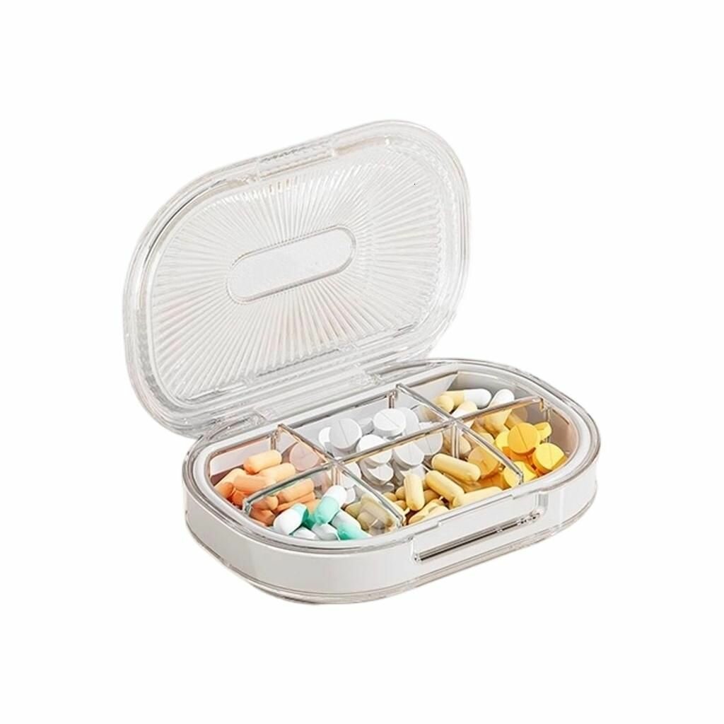 Компактная прозрачная коробка для лекарств с 6 защищенными отсеками, влагонепроницаемый дизайн для путешествий, Белый