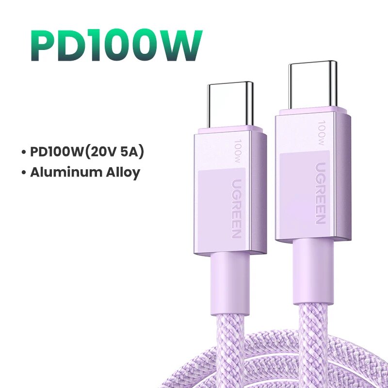 UGREEN Многоцветный кабель 100 Вт 60 Вт USB C PD Quick Charge 3.0 4,0 Type C to C Зарядное устройство Шнур для iPhone 15 14 Pro Samsung S23 XIAO-MIJIA , 100W Metal Purple, 1 м, Тип-C к Тип-C