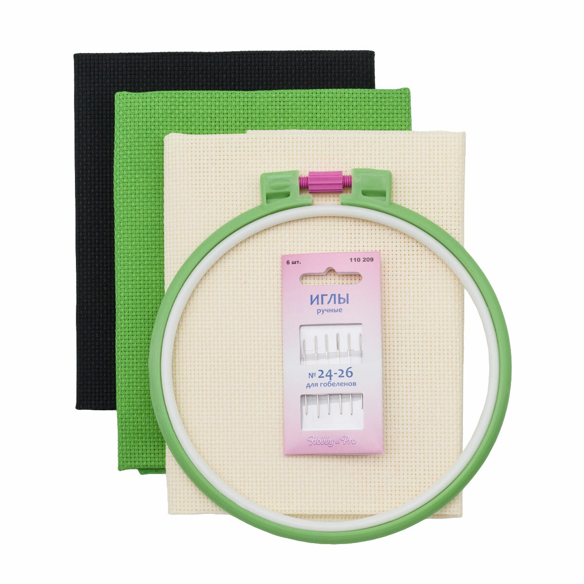 Набор цветная канва с пяльцами и иголками, 50*50см, черный/кремовый/зеленый, Bestex