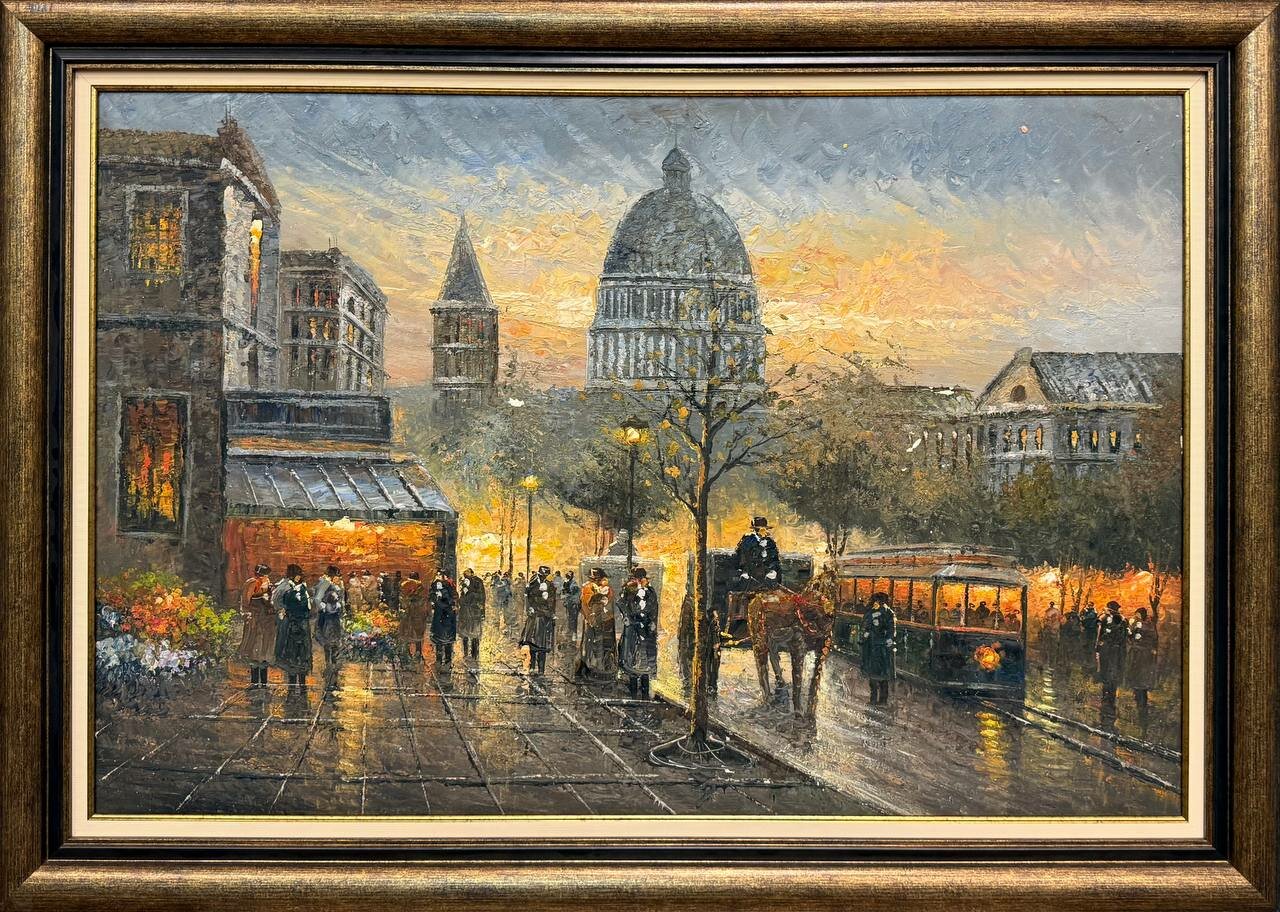 Картина маслом на холсте, городской пейзаж "Вечерние огни", 60х90 см. Автор Маслов Олег