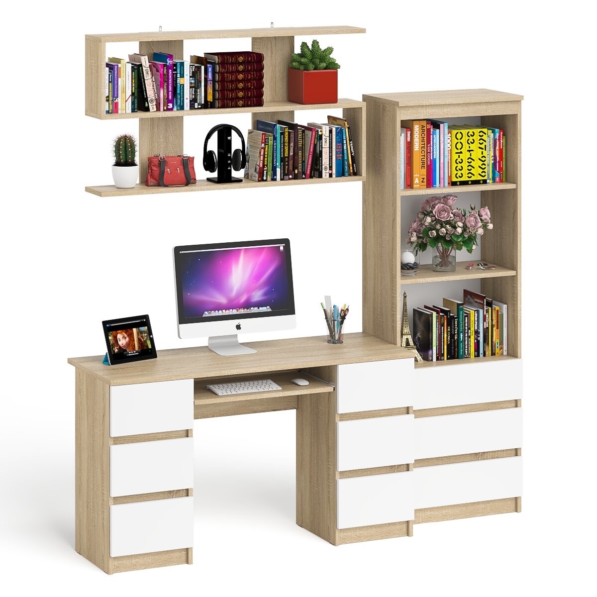 Рабочее место Мори МС-2 из стола двухтумбового с полкой и стеллажом, дуб сонома/белый, 195,8х50х209,6 см.