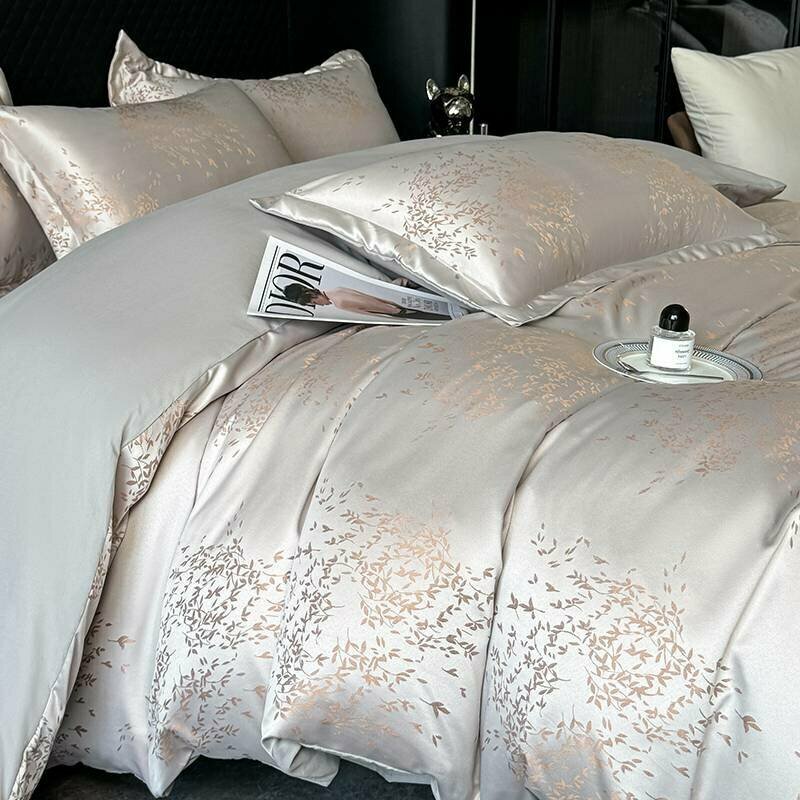 Комплект постельного белья, жаккард, с вышивкой, 2-спальный, простыня 1,8 м, воздушное золото