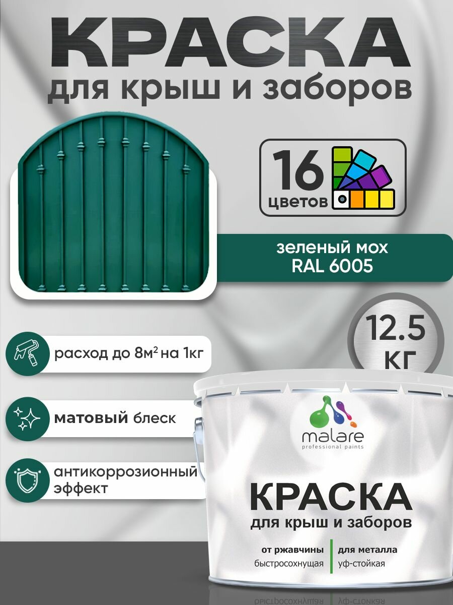 Краска по металлу Malare для крыш и заборов по ржавчине, для наружных работ, быстросохнущая износостойкая RAL 6005 зелёный мох, матовая, 12,5 кг