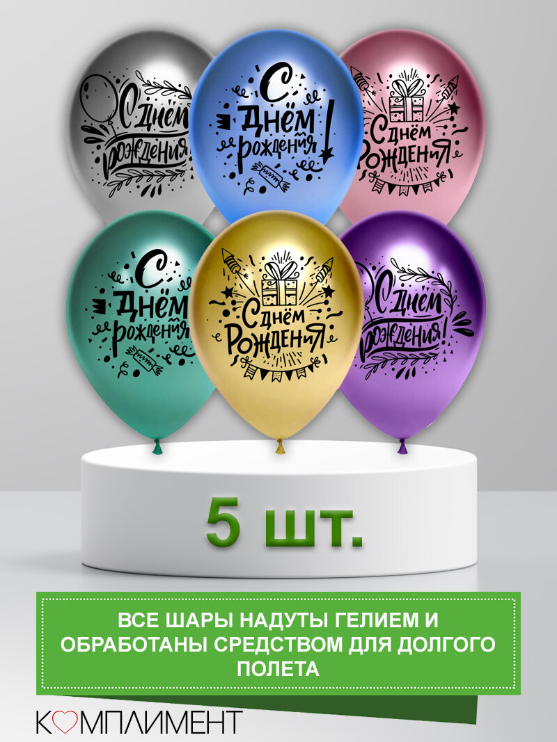 Воздушные шары "С днем рождения", с гелием, разноцветные, длина 35 см, 5 шт.