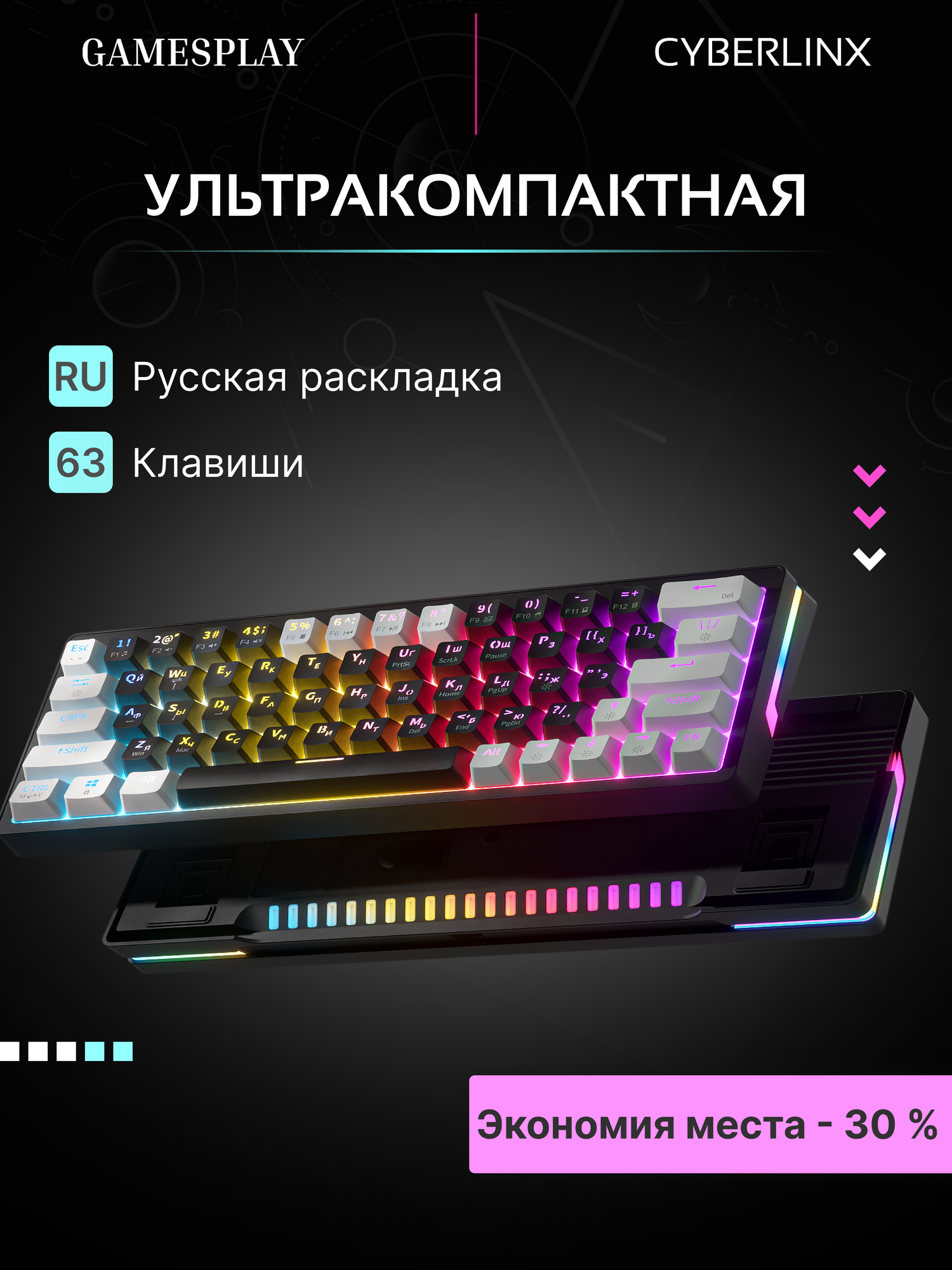 Клавиатура игровая механическая (60%) Cyberlynx, русская раскладка, с подсветкой
