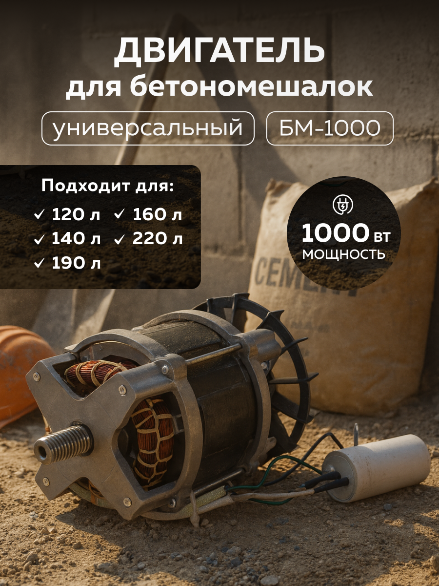 Двигатель универсальный для бетономешалки БМ-1000, мотор для бетоносмесителя, мощность 1000 Вт