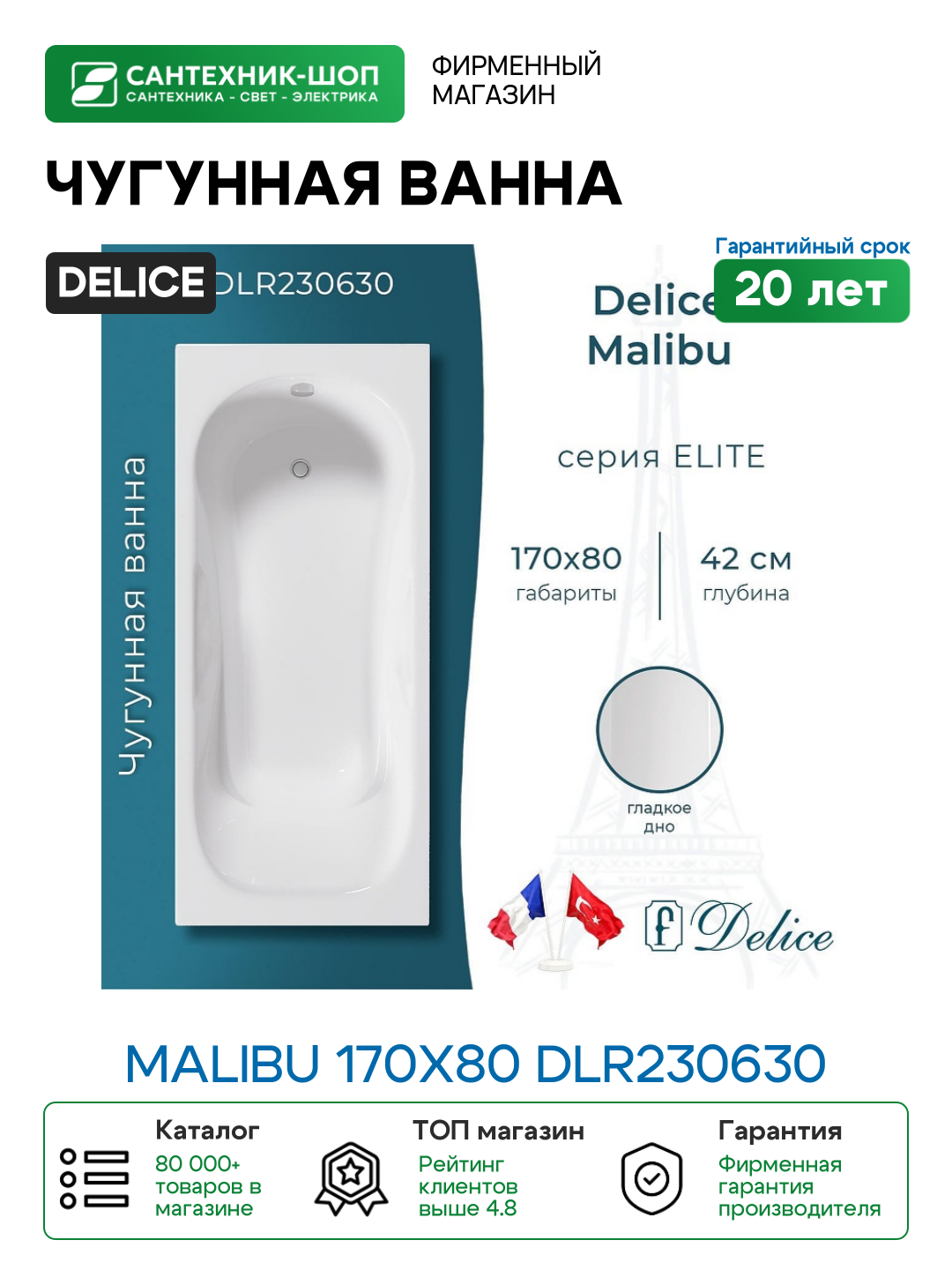 Чугунная ванна Delice Malibu 170x80 DLR230630 без отверстий под ручки и антискользящего покрытия