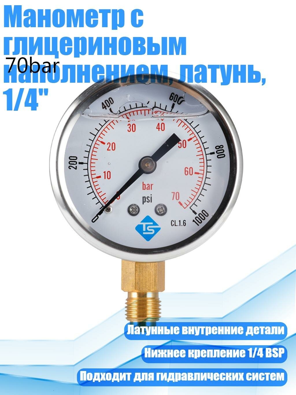 Манометр с глицериновым наполнением, латунь, 1/4", 70 бар