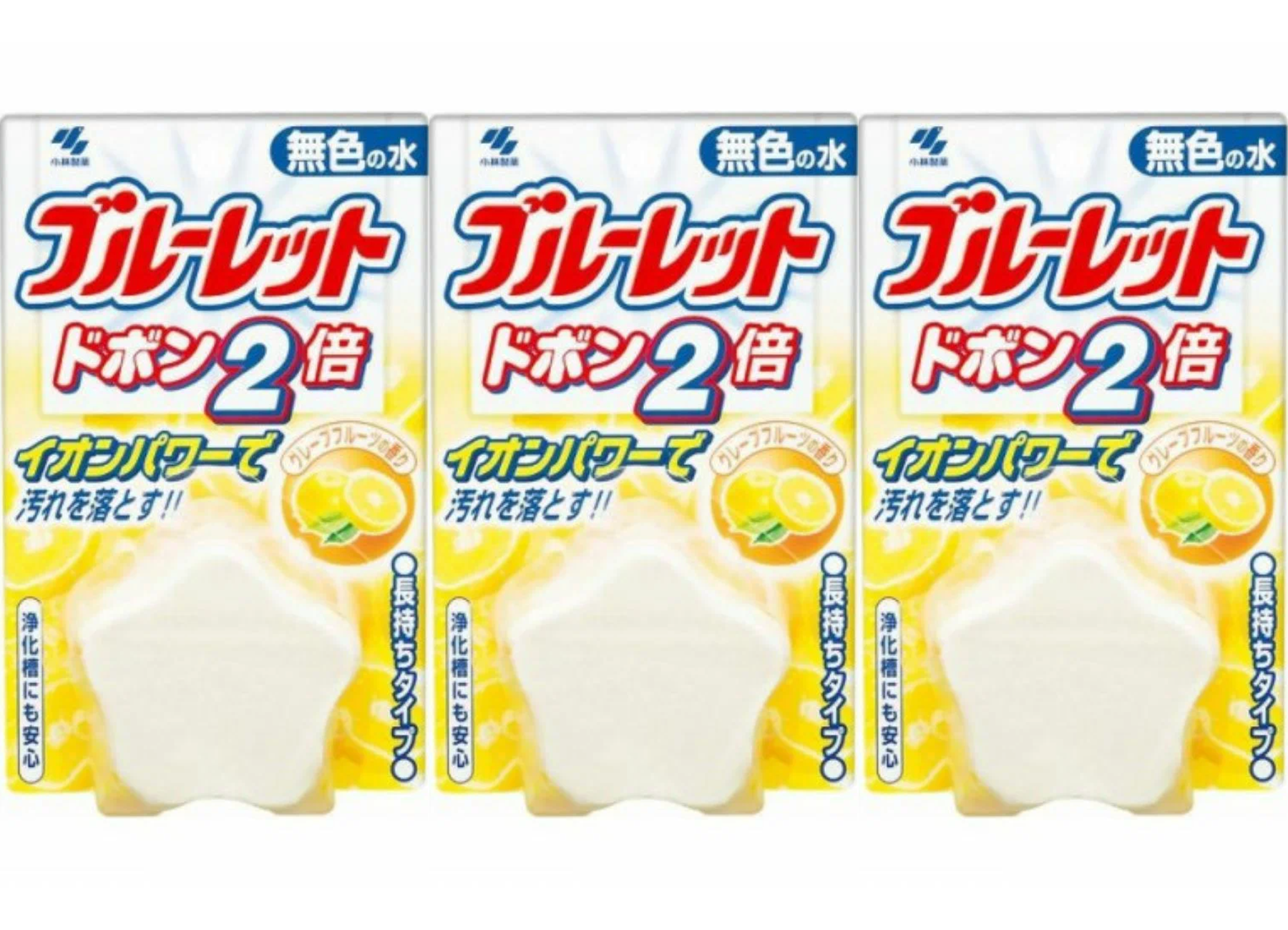 Таблетка Kobayashi Bluelet Dobon W для бачка унитаза Bluelet - грейпфрут, двойная, 120г, 3 штуки