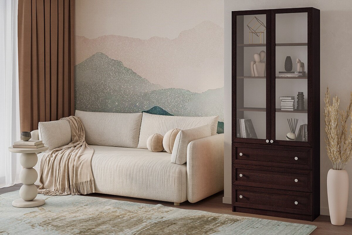 Шкаф книжный стеллаж Билли Хит Billy по мотивам Икея Ikea - 39 Венге Цаво 90x30x200 двухдверный с 3 ящиками