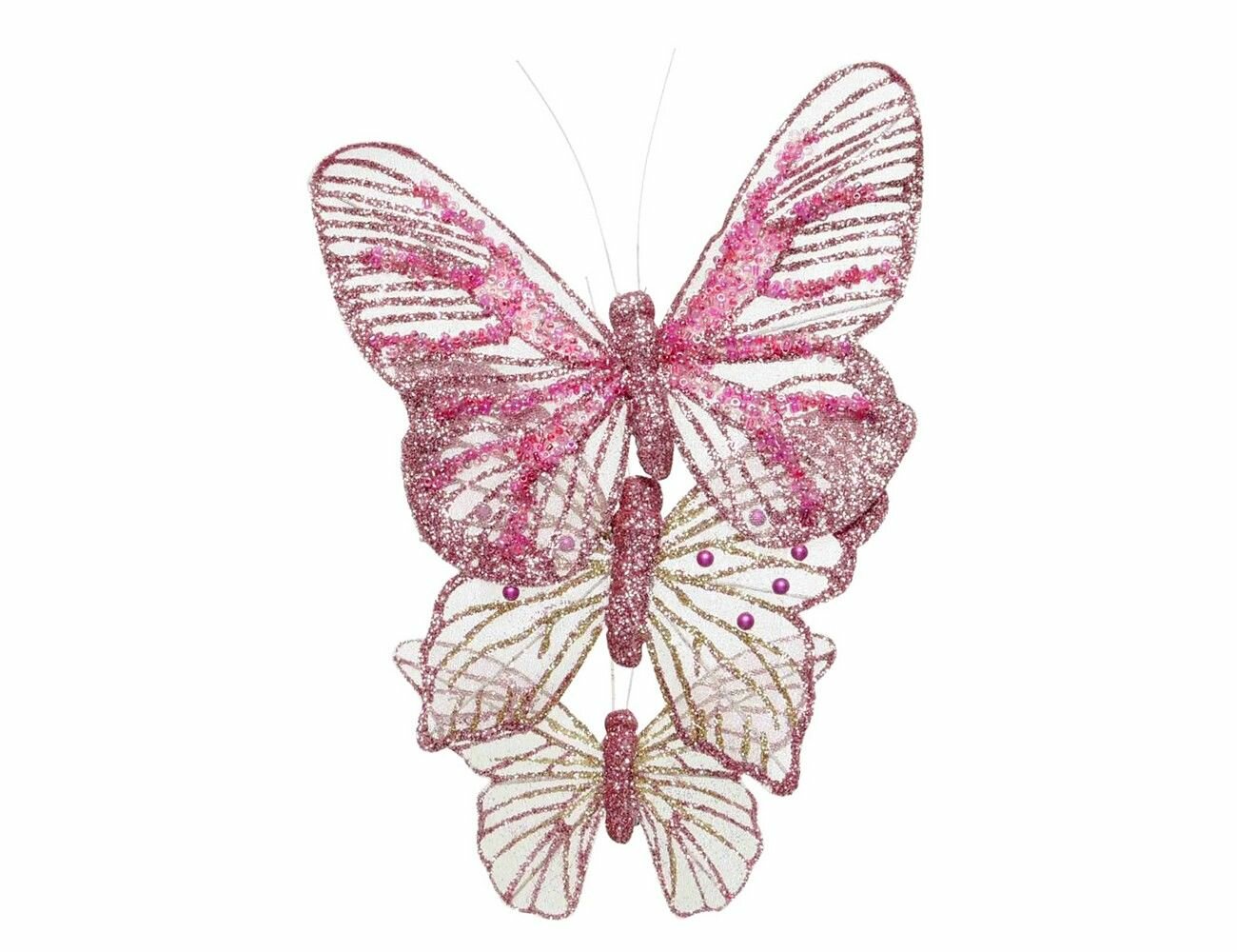 Декоративные бабочки воздушная красота на клипсе, текстиль, розовые, 11-14 см, 3 шт, Kaemingk 521096-1
