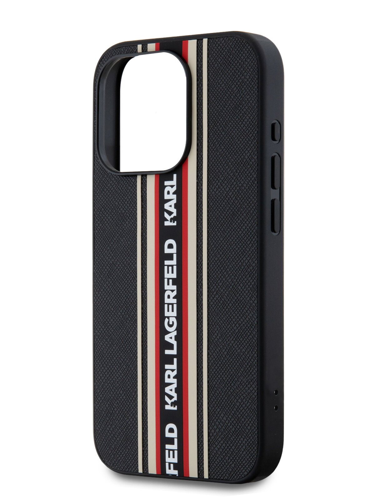 Lagerfeld для iPhone 16 Pro чехол PU Saffiano Stripe Logo Hard + Nylon Hand cord Black/Red