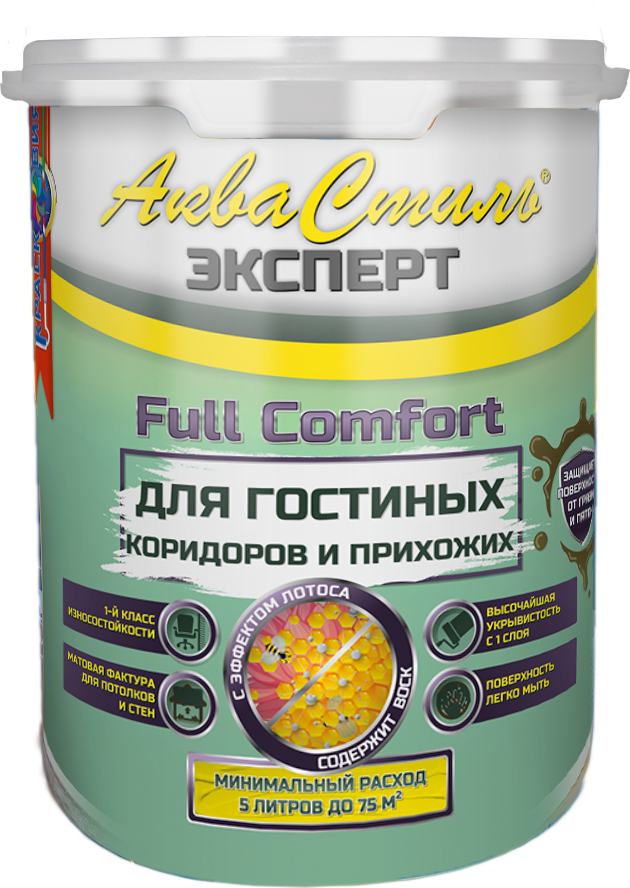 АкваСтиль Эксперт «Full Comfort» Гостиные-Коридоры Красковия 1.0л Белая, Краска для Стен и Потолков / Красковия.