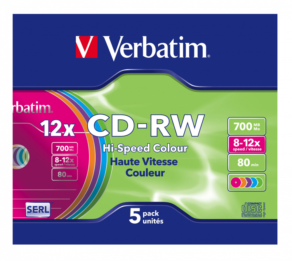 Оптический диск Verbatim CD-RW 700MB 12X Colour, Slim Case, 5 шт