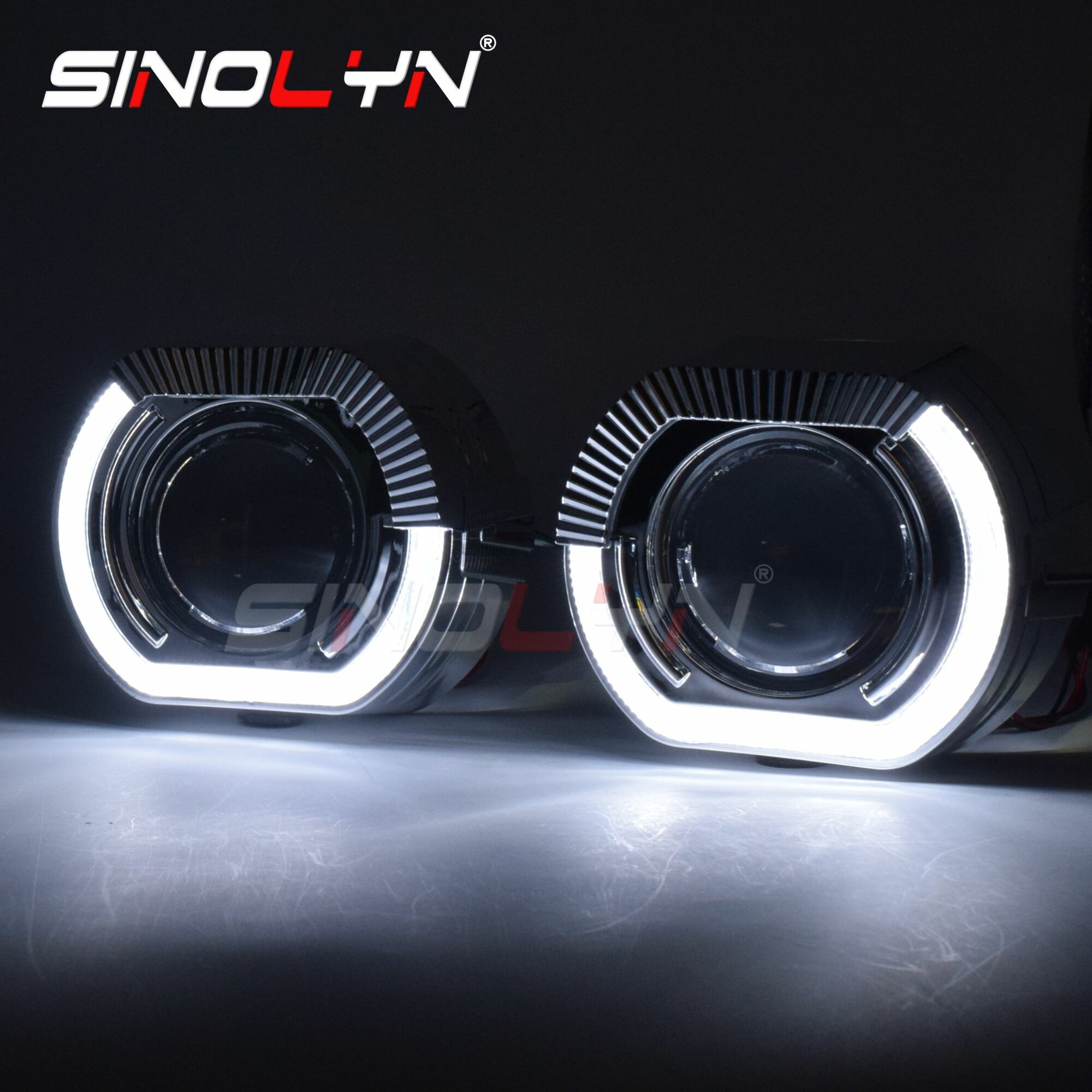 Биксеноновая линза в фару 2.5 с ангельскими глазками LED под лампу H1 (переходники H4 / H7) 2 шт