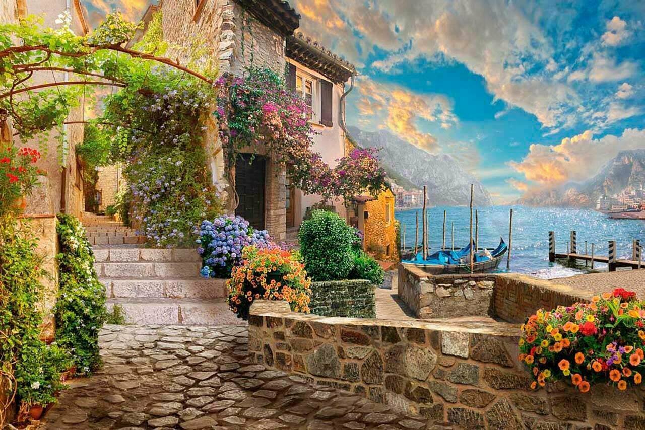 Фотообои Вид с городской улицы на море 7-082-S-Холст 270 x 200 см (ВхШ) Бесшовные, флизелиновые, влагостойкие обои MasterFresok