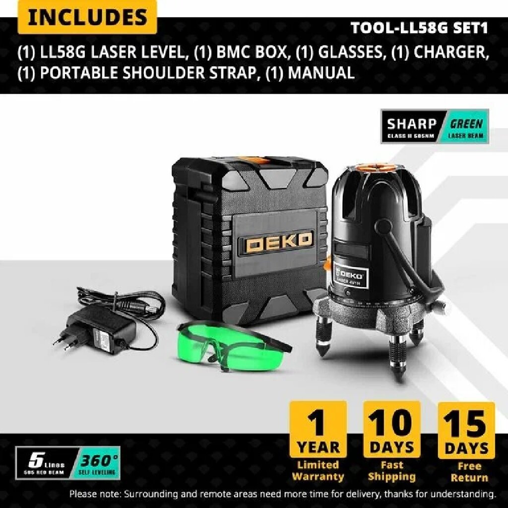 Лазерный уровень DEKO LL5, 5 линий, 6 точек, зеленый луч, самовыравнивающийся,