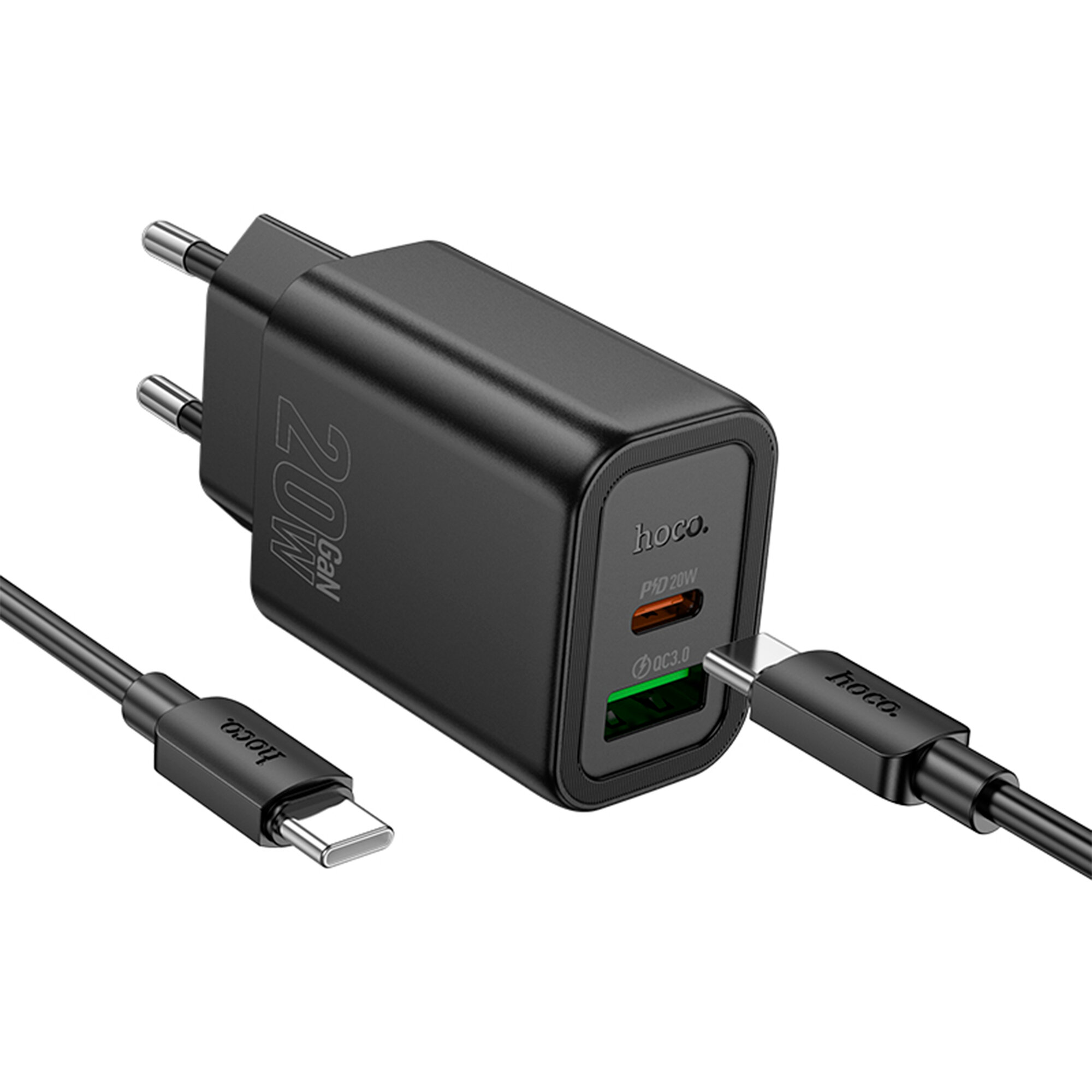 Сетевое зарядное устройство, 1 PD 20W + 1 USB 3.0 QC (N61), HOCO, Type-C to Type-C, черный