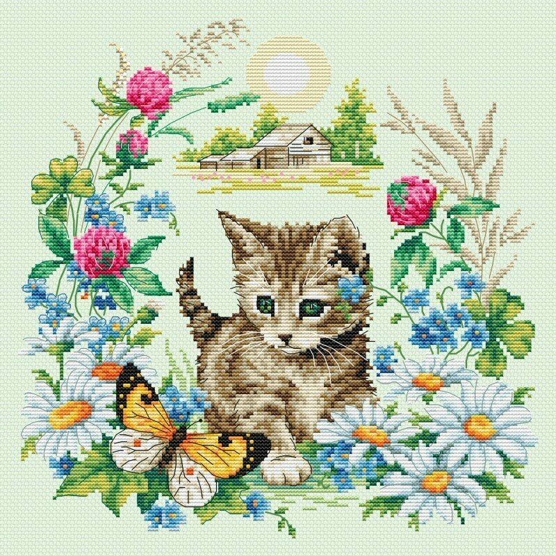 Набор для вышивания Многоцветница #МКН 151-14 Лето. Котенок в деревне, Счетный крест, 25 х 26 см