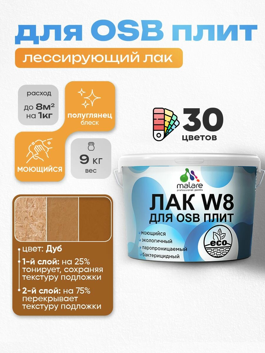 Лак колерованный тонирующий для защиты ОСБ плит Malare W8 для дерева и минеральных поверхностей, паропроницаемый водный без запаха, полуглянцевый, дуб, 9 кг.