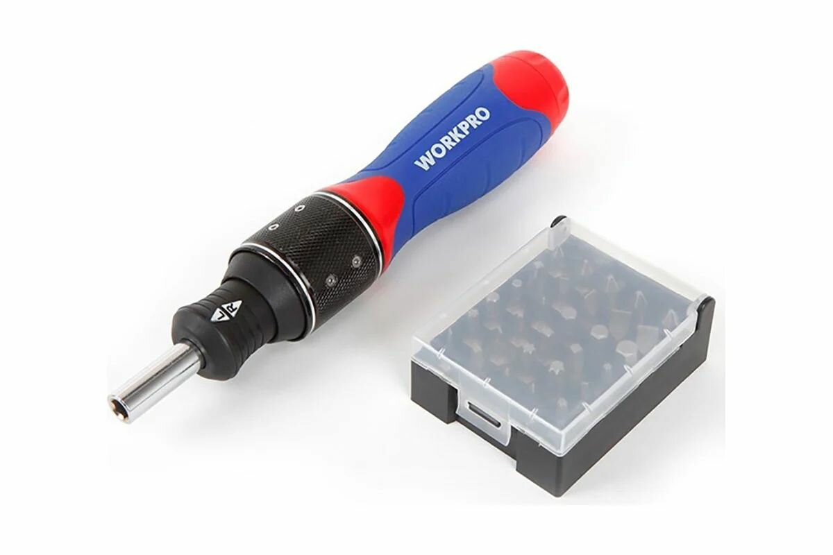 Реверсивная отвертка WORKPRO 6-скоростная с двойным приводом 32 насадки WP221055