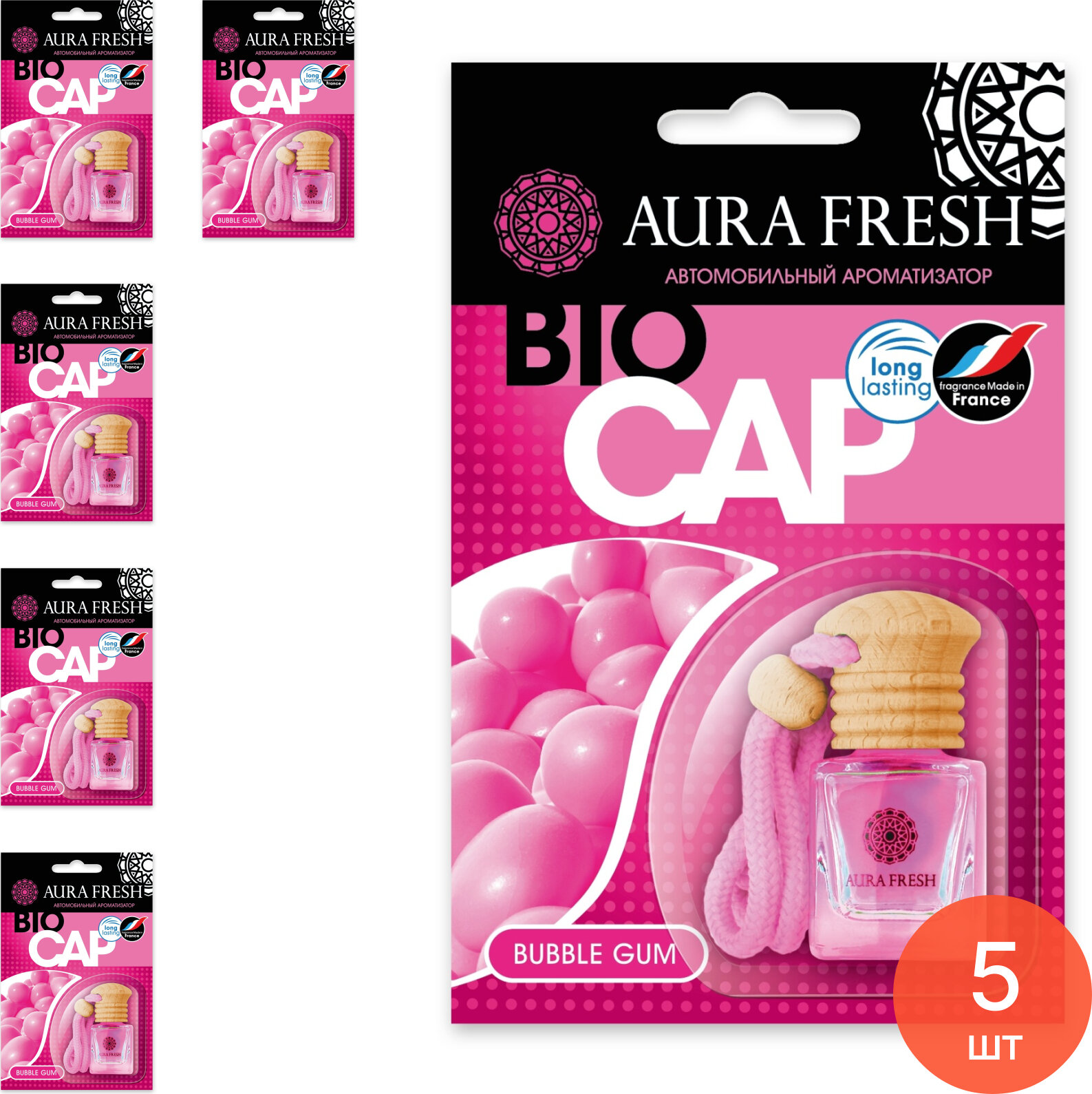 Ароматизатор автомобильный Aura Fresh / Аура Фреш Bio Cap Bubble Gum подвесной, бабл-гам, 6мл / автотовары (комплект из 5 шт)
