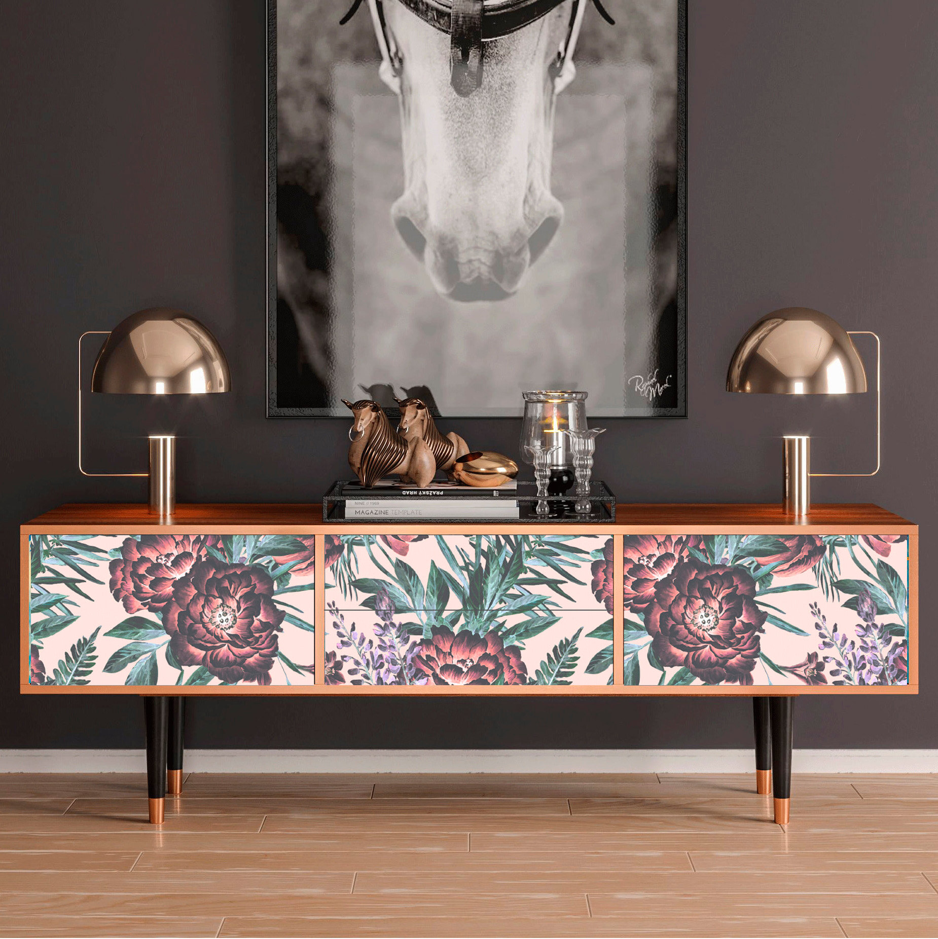 ТВ-Тумба - STORYZ - T4 Peach Peonies, Размер - 170 x 59 x 48 см, Цвет корпуса - , Орех