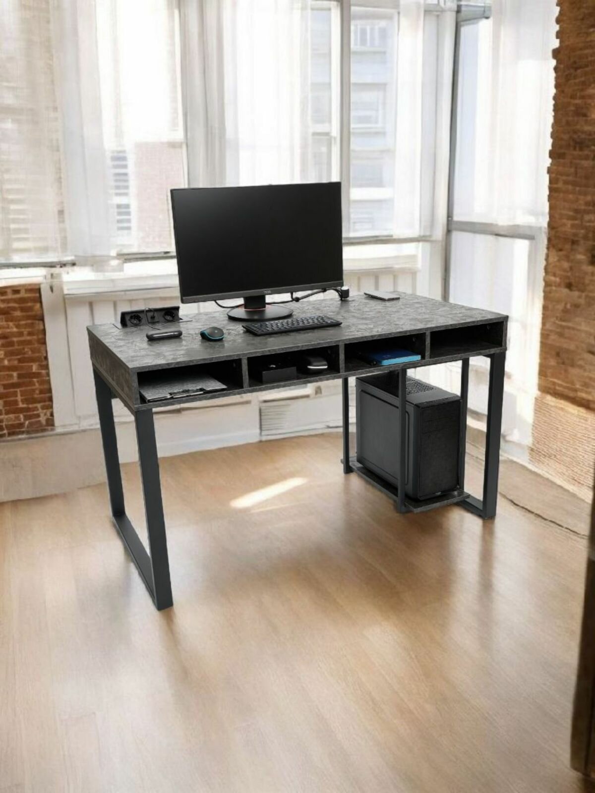 Стол компьютерный лофт со встроенной выдвижной розеткой USB-хабом и беспроводной зарядкой HomeExpert V1, цвет Малави, правый 1300х700х750(h)