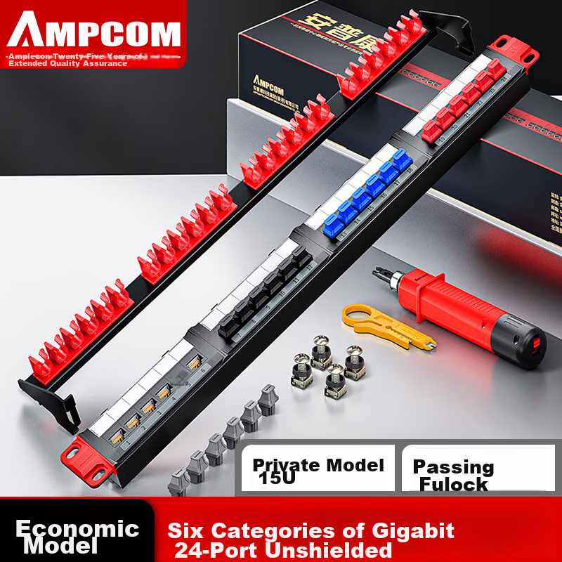 AMPCOM 24-Port Patch Panel, Category 6 Ethernet Cable Patch Panel, 1U Rack-Mounted CAT6 Network Patch Panel, 15U Gold-Plated Over FLUKE Link Tester, AMCAT61924
