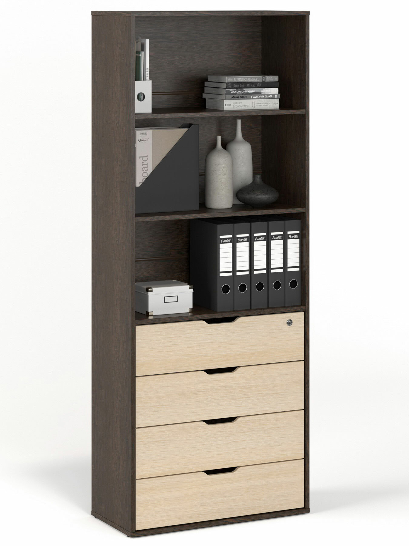 Книжный шкаф-стеллаж для дома и офиса с 3 полками и 4 ящиками МагМебель №36 венге, дуб молочный