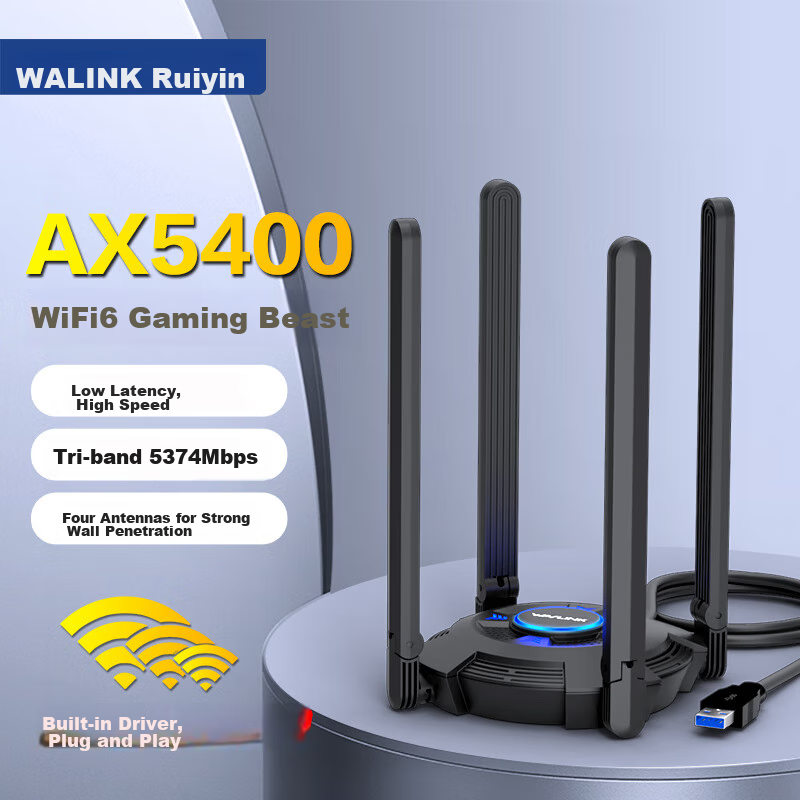 Wavlink Vitesse Ultra AX5400 Wireless Network Adapter, Driverless WiFi 6, Gaming Gigabit 5G Network Card, Desktop WiFi Receiver, External USB Network Card for Computers