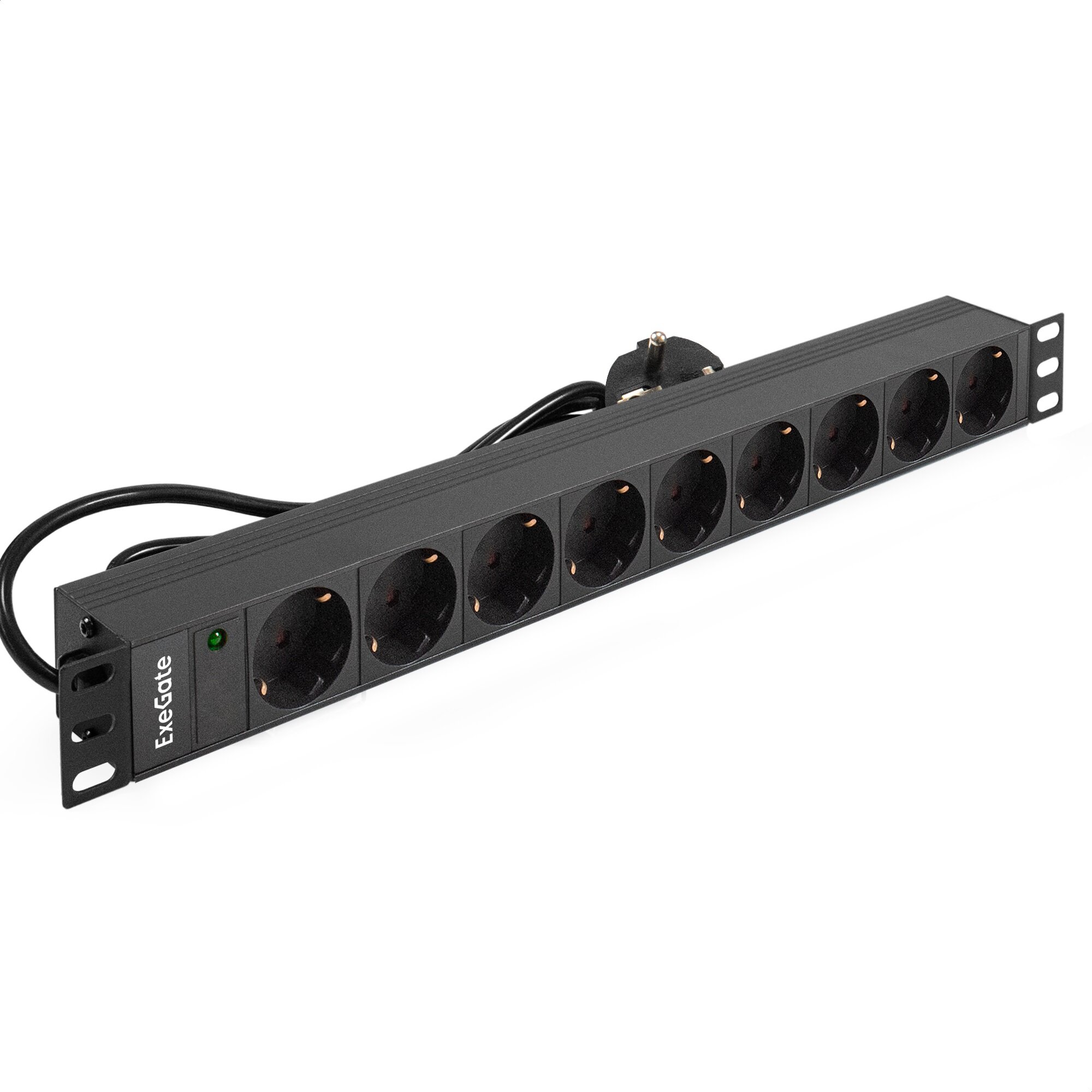 Блок розеток с кабелем с евровилкой ExeGate ServerPro PDU-19H902 Al-9S-EU1.8CU (19", 1U, Алюминий, 9 Schuko, кабель с евровилкой VDE-250V-16A-3*1.5mm2, медь, 1.8 метра, индикатор питания, черный, RTL) EX280848RUS