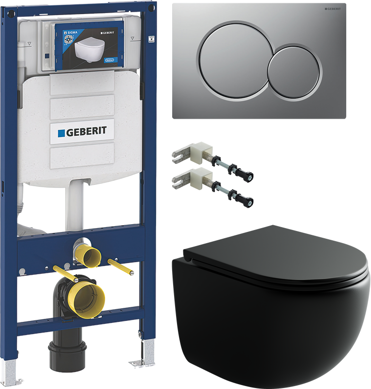 Комплект Унитаз подвесной Ceramicanova UP Rimless CN4007MB черный матовый + Инсталляция Geberit Duofix UP 320 111.300.00.5 + Кнопка Sigma 01 115.770. JQ.5 лакированная, матовый хром + Крепления 111.815.00.1 к стене