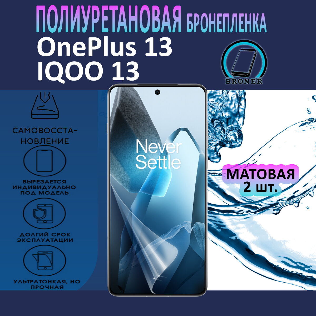 Полиуретановая бронепленка для OnePlus 13, Vivo iQOO 13 / 2 штуки / Защитная плёнка на экран, совместима с чехлом, с вырезом под камеру / Матовая