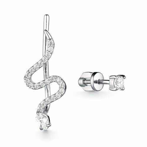 Серьги каффы, серебро, 925 проба, родирование, фианит