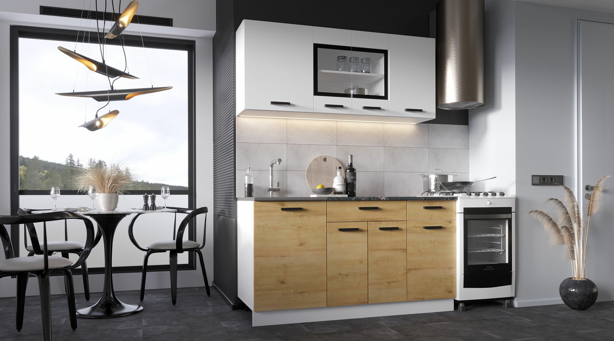 Кухонный гарнитур Брауни 1,5м Белый гладкий/Дуб Вотан