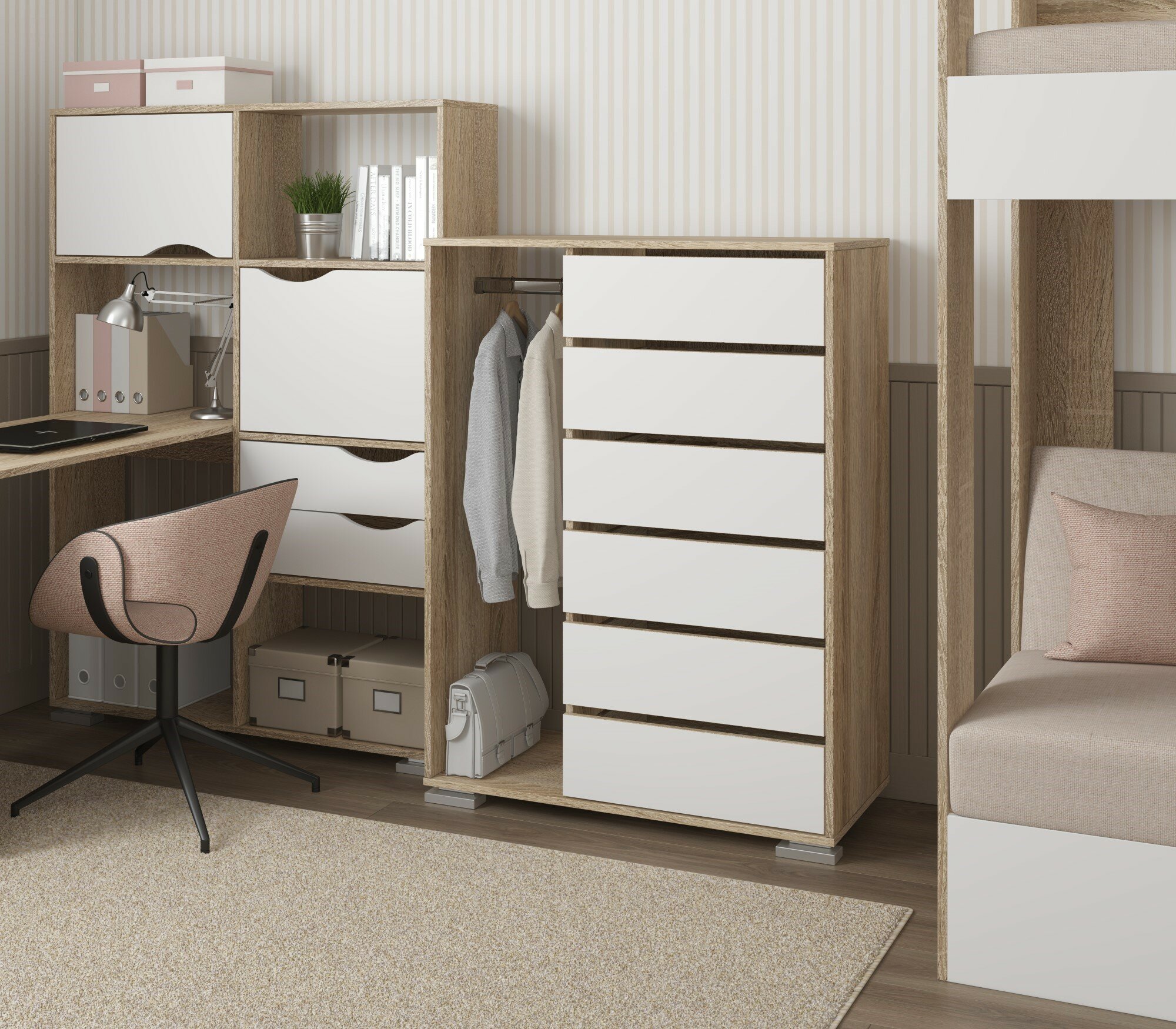 Шкаф, комод, шкаф-комод с ящиками, со штангой Есэндвич L Лаворо, 100х50х120 см, правый (Дуб сонома/Белый)