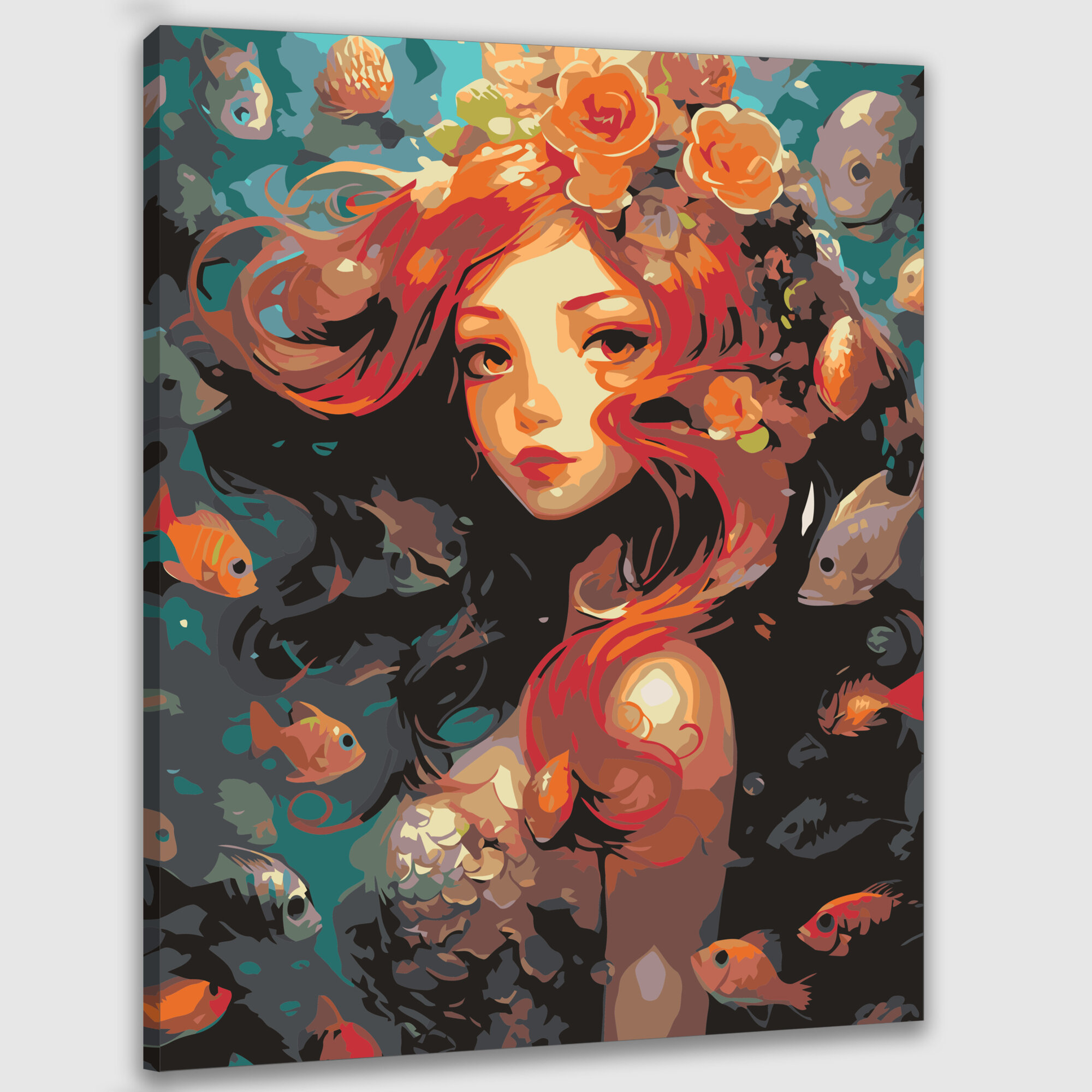 Картина по номерам 40x50 см, фантастическое подводное, русалки, волосы, хвосты, морские обитатели, коралловые рифы