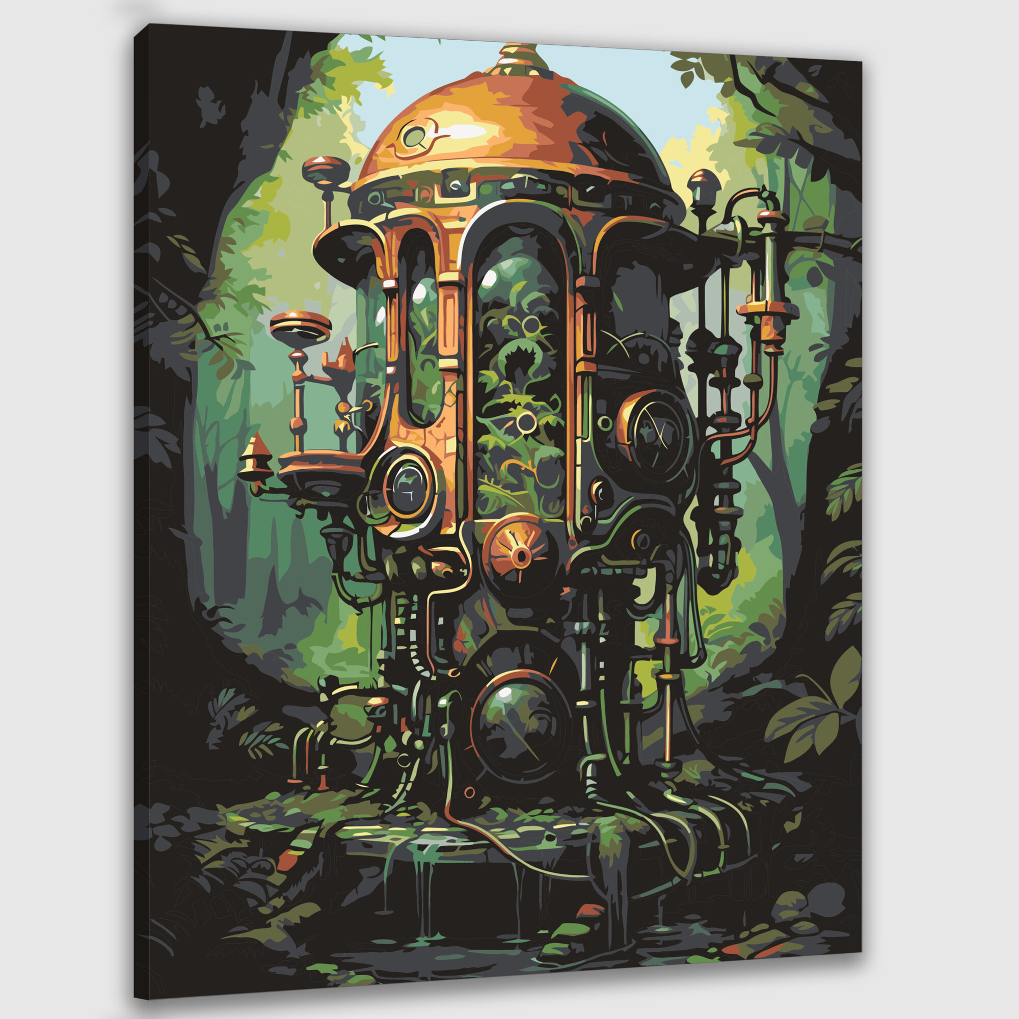 Картина по номерам 40x50 см, картина, цифровая, фантастическая машина, стимпанк, пышный зеленый ландшафт, шестеренки
