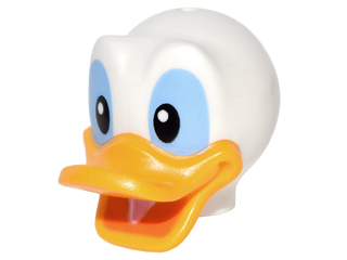 Minifigure, Head, Modified Duck with Bright Light Orange Bill and Black and Medium Blue Eyes Pattern (Donald), 24633pb01 White U