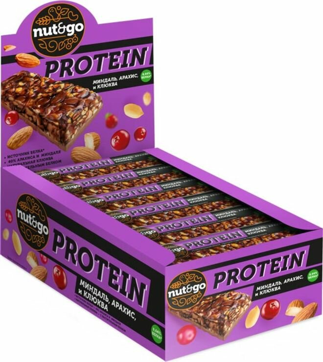 Батончик "Nut&Go" Protein миндаль, арахис, клюква, 36 г (упаковка 18 шт)
