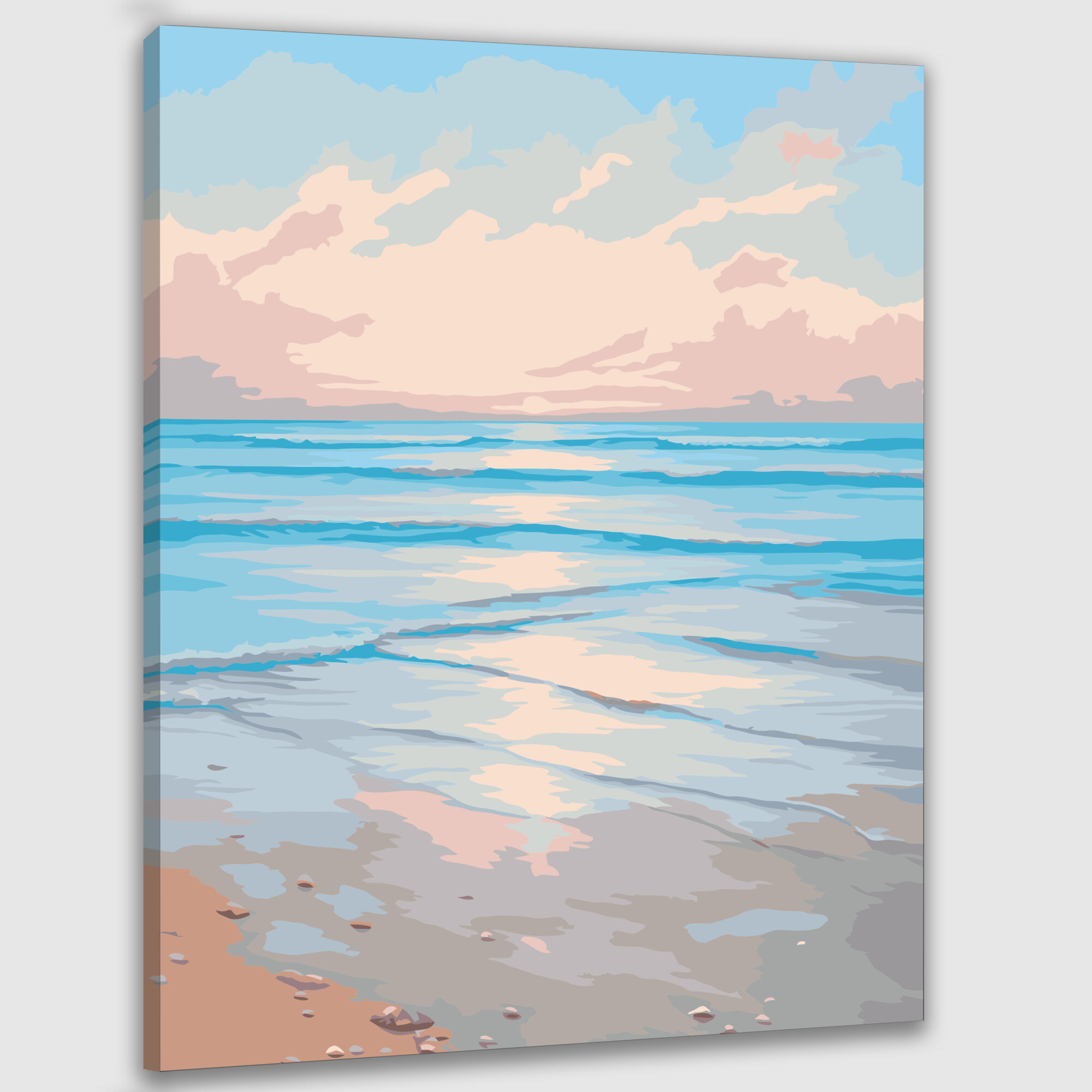 Картина по номерам 40x50 см, картина маслом, пляж, рассвет, пастельные тона, небо, бирюзовые воды, влажный песок