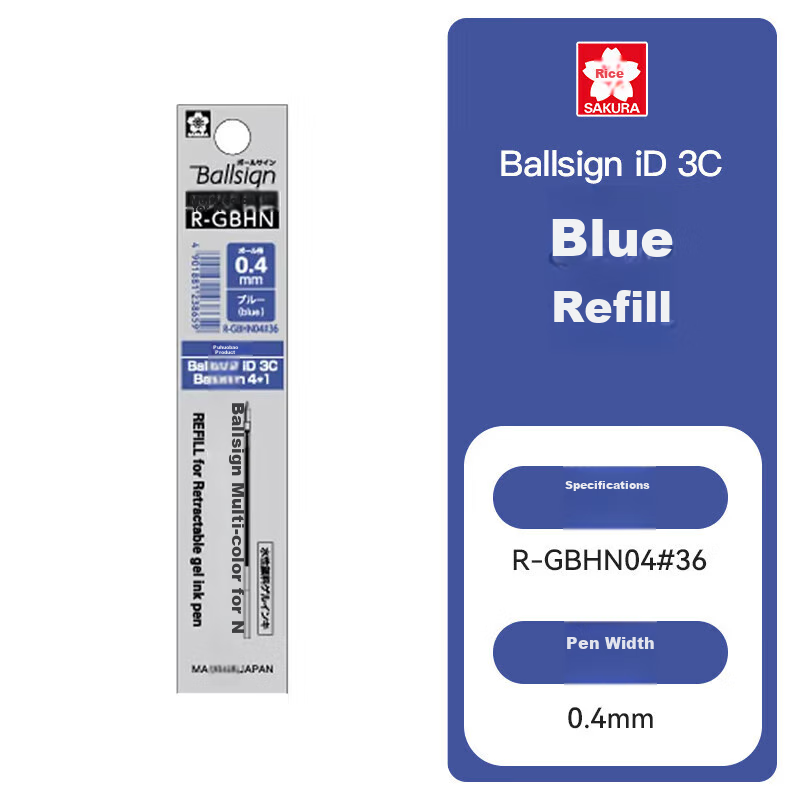 SAKURA Ballpoint Pen Refill, 3-In Multifunctional Pen, Ballsign ID 3C Retractable Gel Pen, Original Replacement Refill, Blue