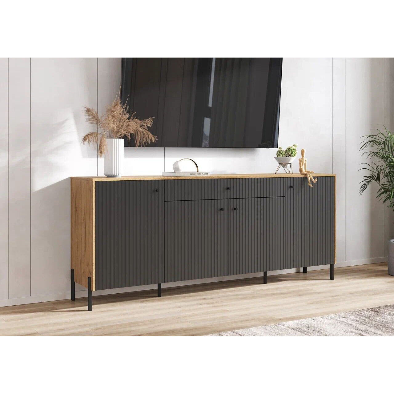 Комод на метал. опорах "Оливия" с выдвижным ящиком и полками (Дуб Крафт/Графит Софт Фрезеровка)