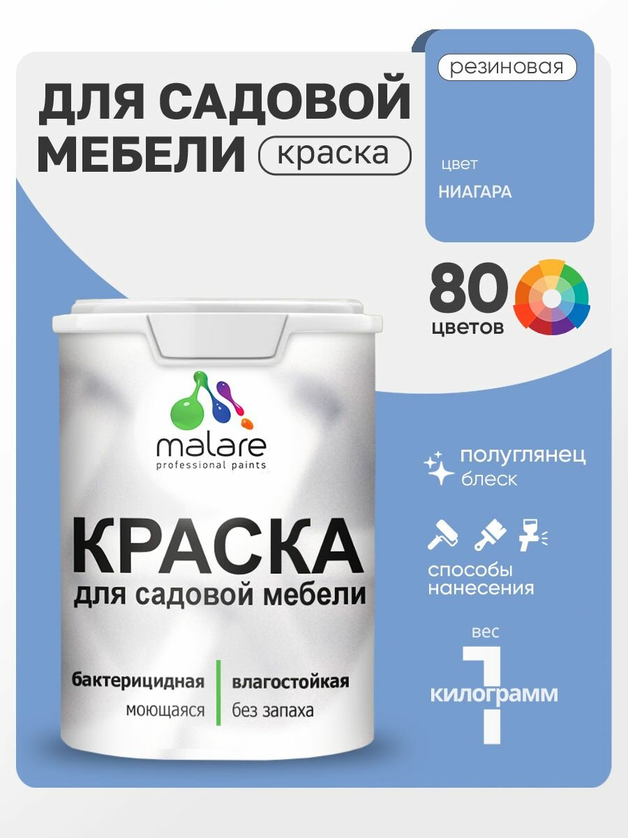 Резиновая краска Malare для садовой мебели/ по дереву, для наружных и внутренних работ/ быстросохнущая моющаяся без запаха полуглянцевая, ниагара, 1 кг